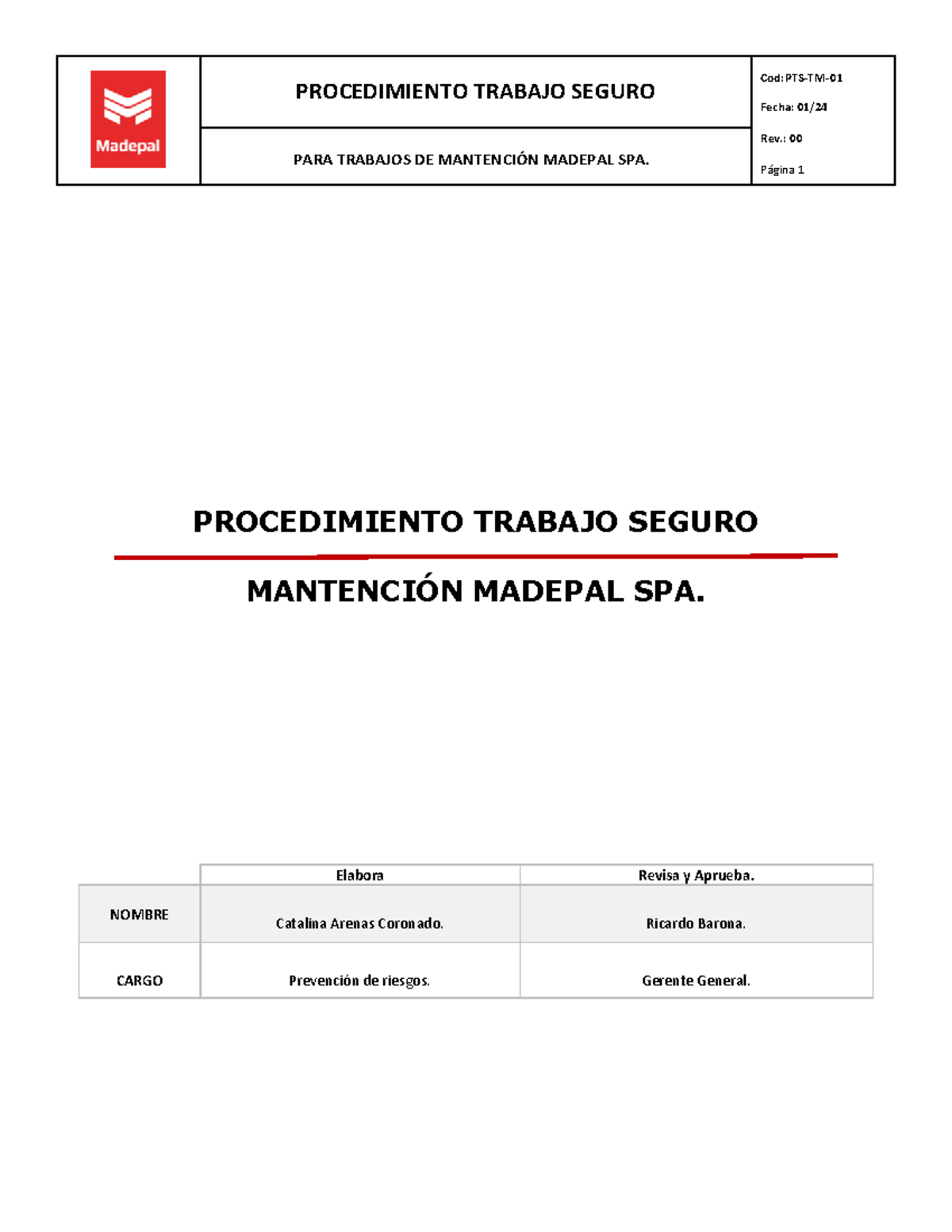 PTS-TM-01 - procedimiento - PROCEDIMIENTO TRABAJO SEGURO Fecha: 01 ...