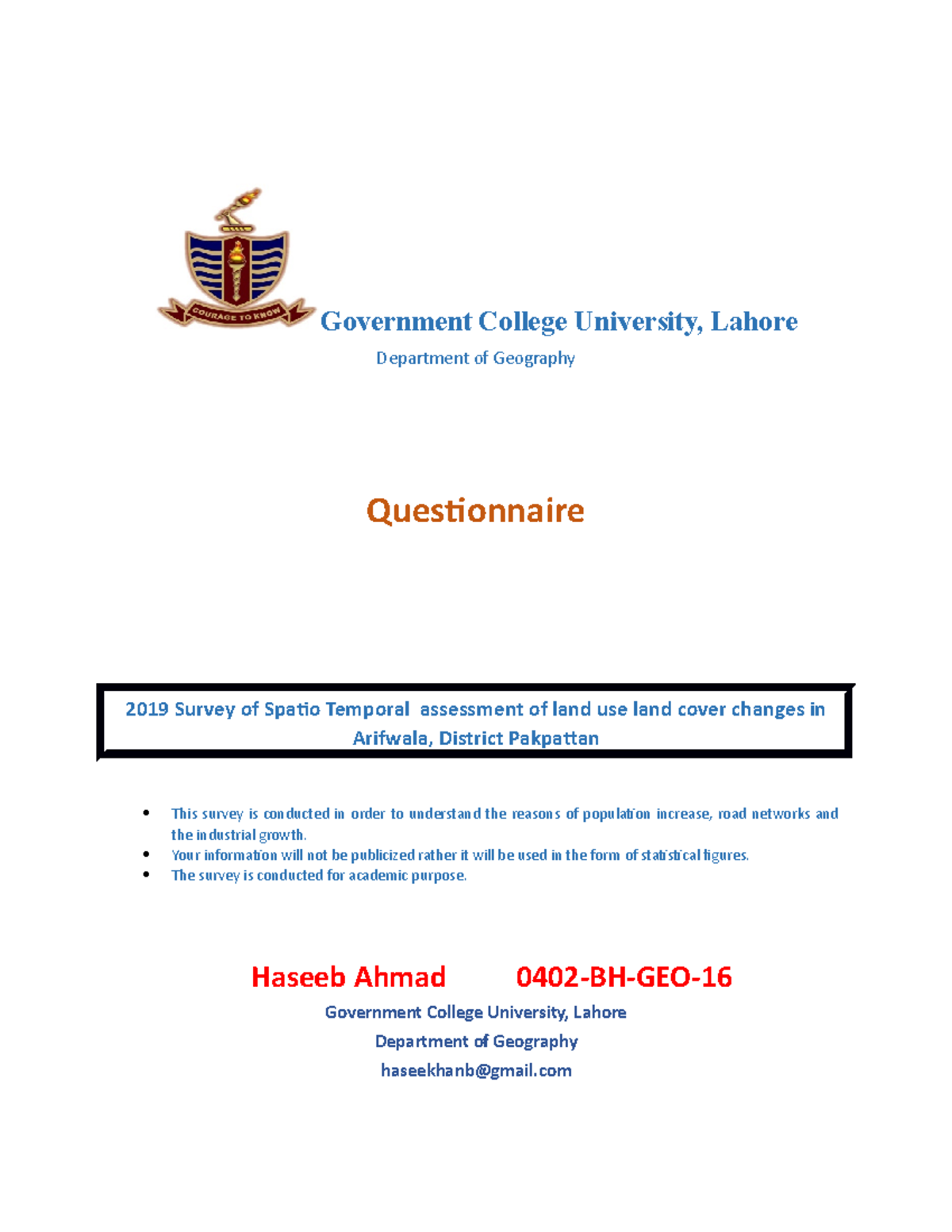Questionnaire surveying titles - Government College University, Lahore ...