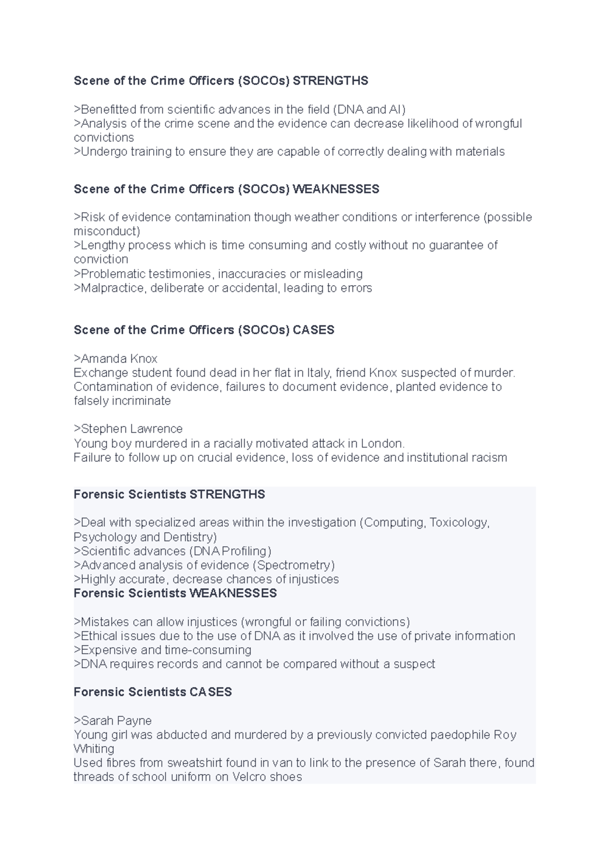 Criminology 1 - Scene of the Crime Officers (SOCOs) STRENGTHS ...