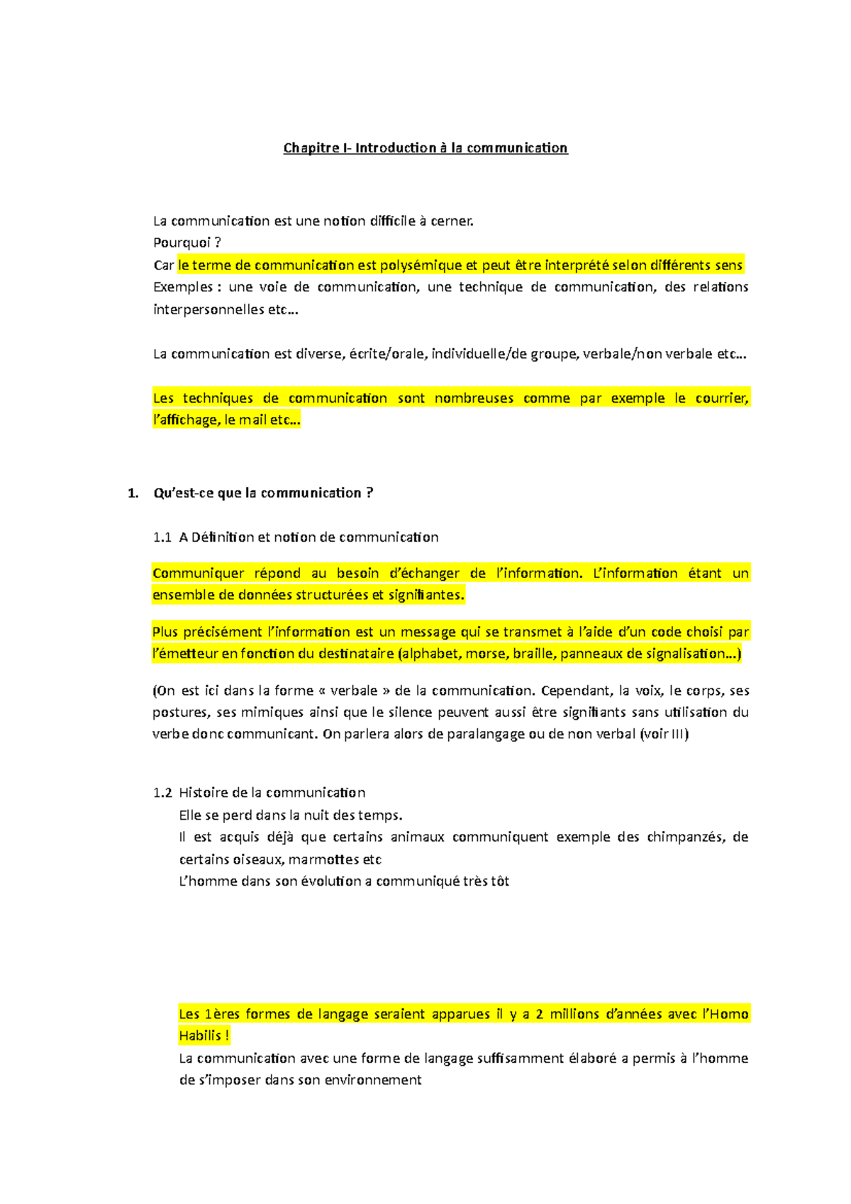 Cours communication - resumés - Chapitre I- Introduction à la ...