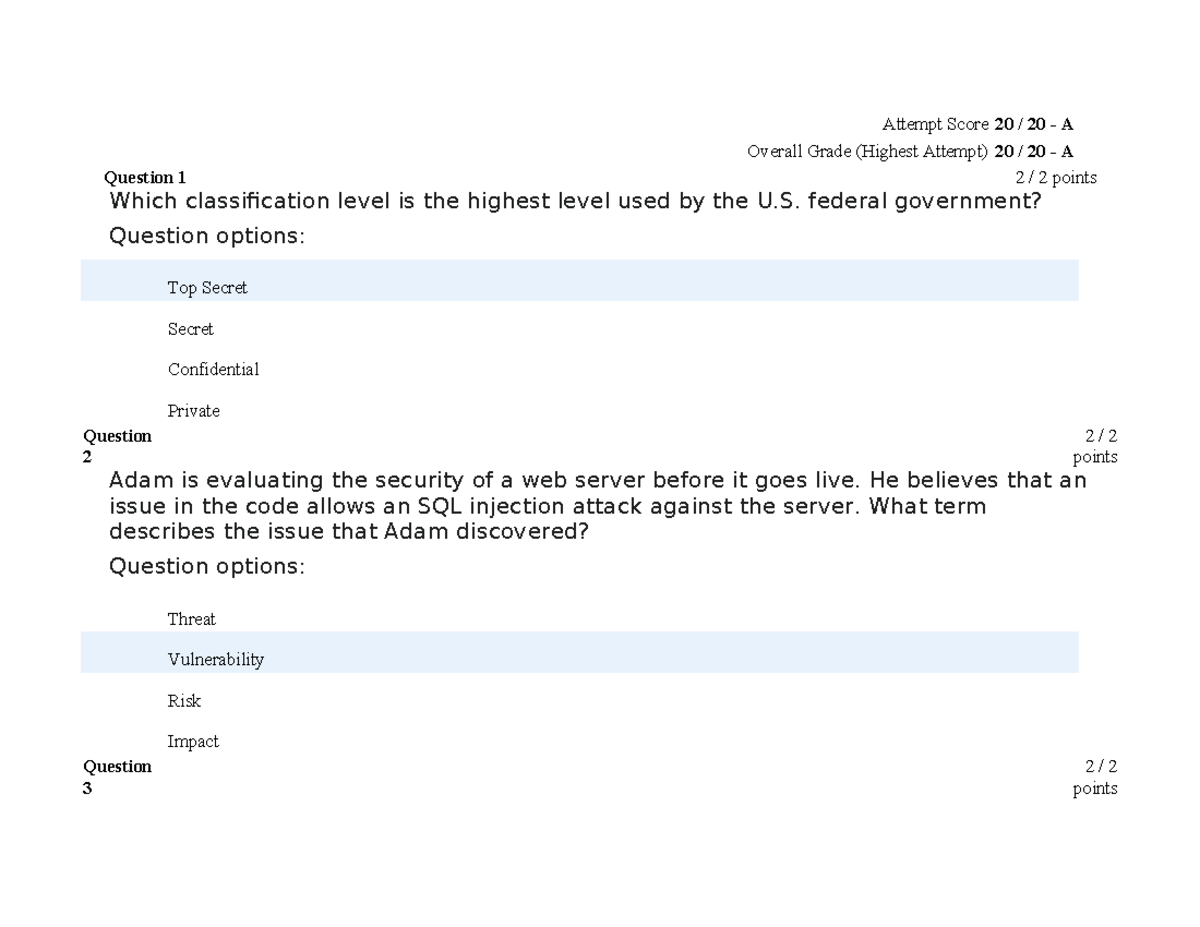 1-2 Reading Quiz - Quiz - Attempt Score 20 / 20 - A Overall Grade ...