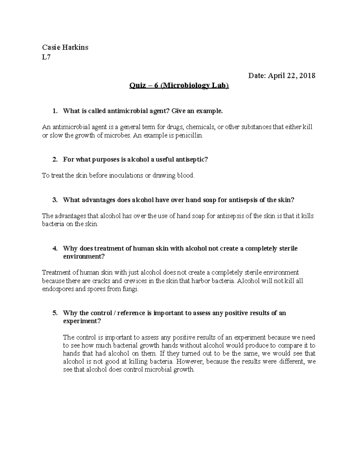 Micro lab quiz - Casie Harkins L7 Date: April 22, 2018 Quiz – 6 ...