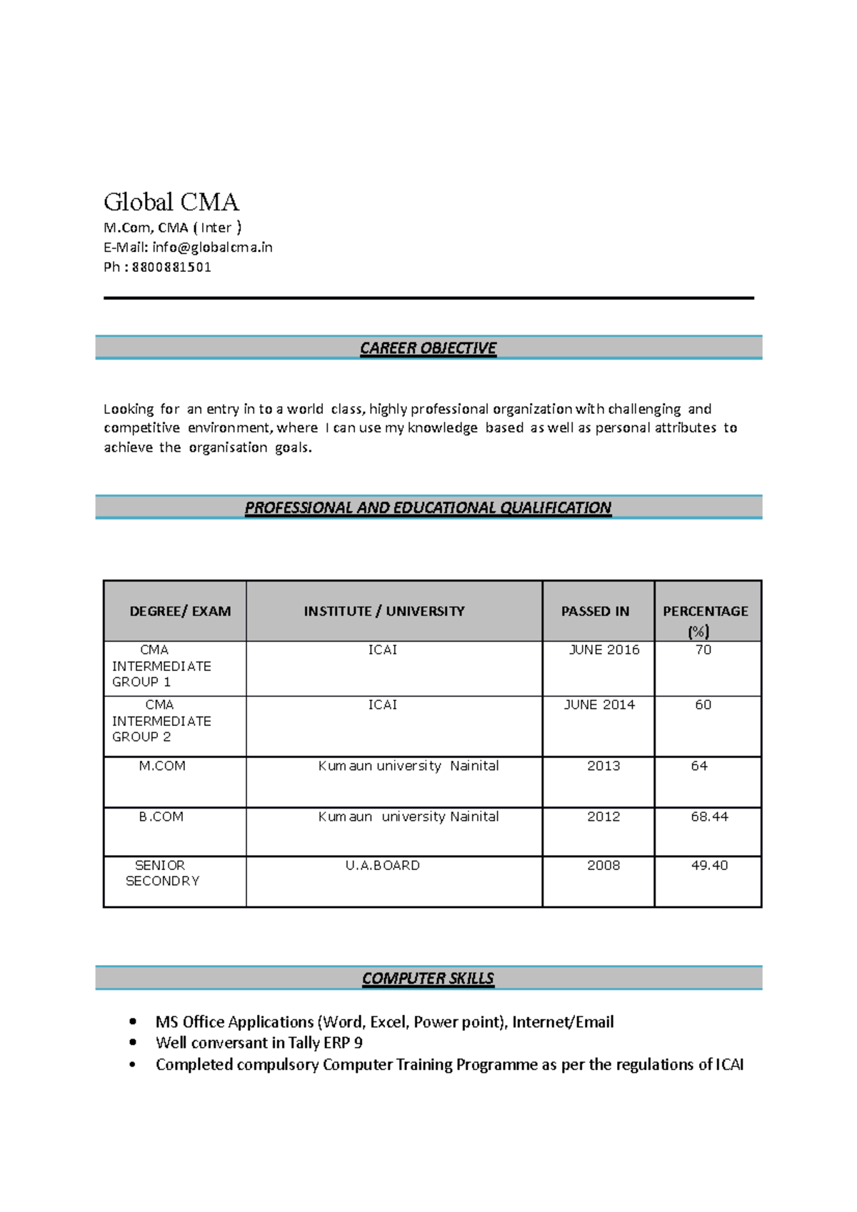 Fresher-CV-1 - It is good to show - Global CMA M, CMA ( Inter ) E-Mail ...