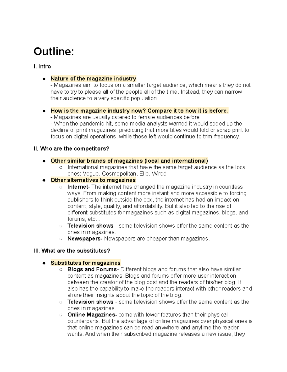 Marketing - Outline: I. Intro Nature of the magazine industry ...