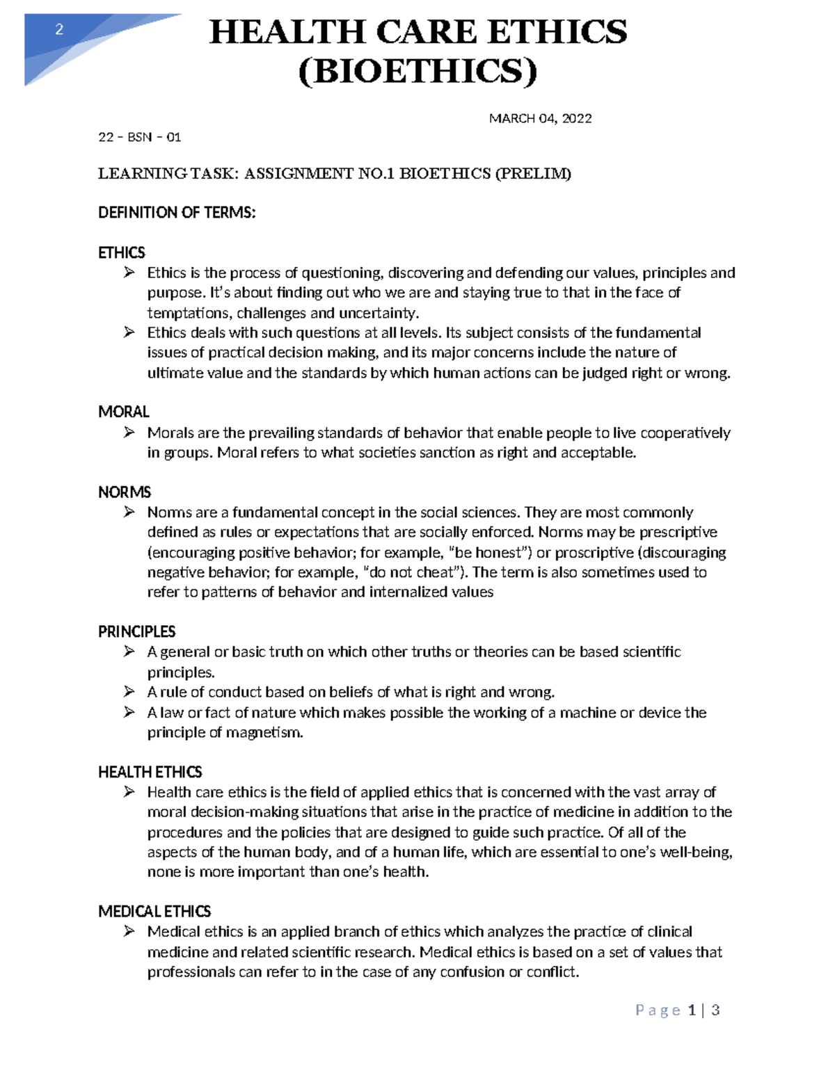 Bioethics - 2 HEALTH CARE ETHICS (BIOETHICS) MARCH 04, 2022 22 – BSN ...
