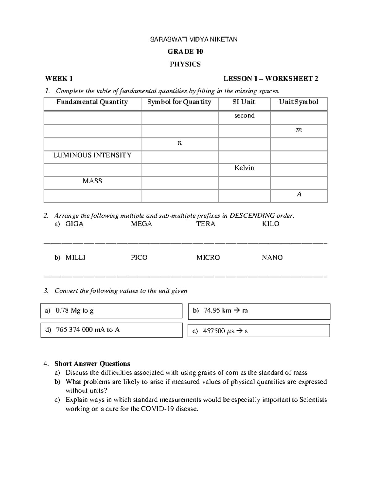 Grade 10 Physics Week 1 Lesson 1 Worksheet 2 and Answersheet - MINISTRY ...
