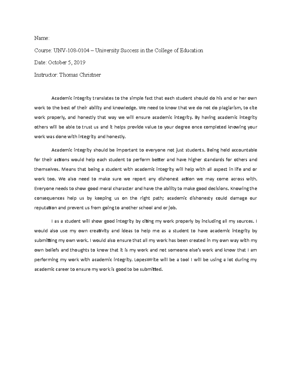 Word reflection - Name: Course: UNV-108-0104 – University Success in ...