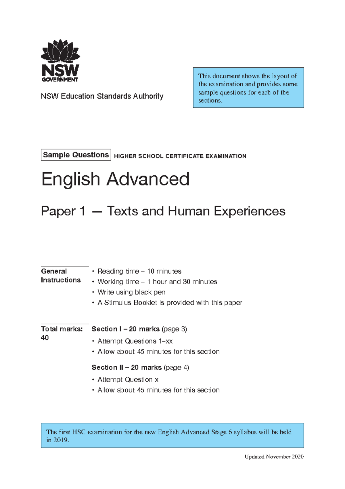 Sample questions new hsc english adv paper 1 exam 2019 - NSW Education ...