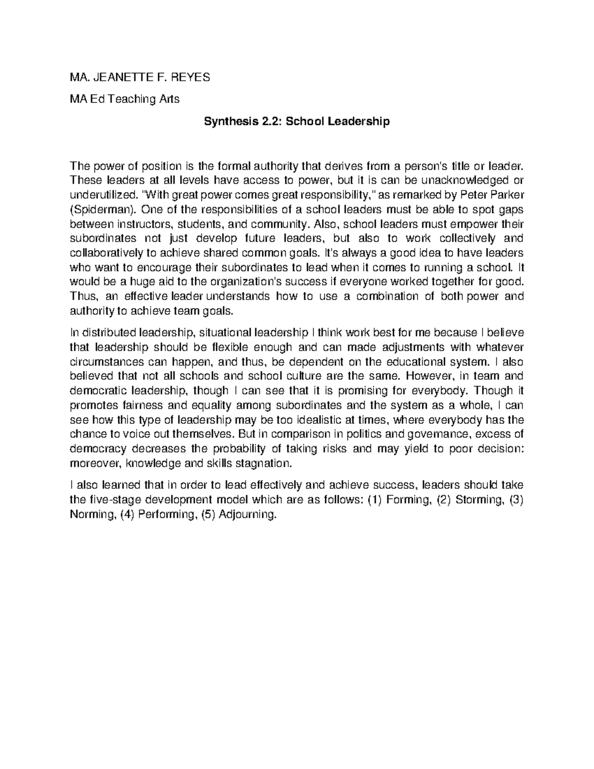 Synthesis - School Leadership Reflection Paper- MA. JEANETTE F. REYES ...