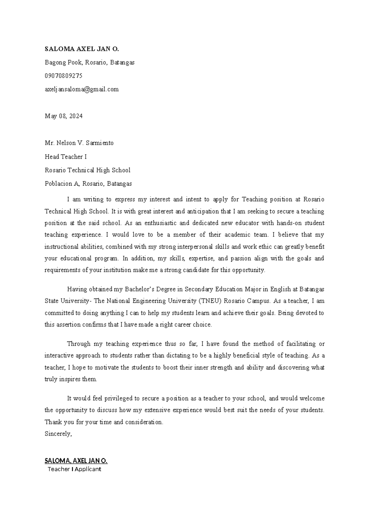 Letter OF Intent Final - SALOMA AXEL JAN O. Bagong Pook, Rosario ...