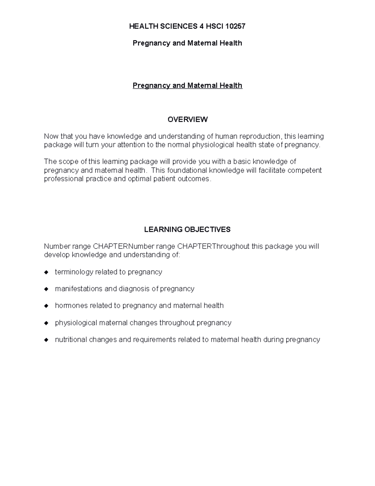 HS4Pregnancy And Maternal Health Learning Package Fall 2021 - Pregnancy ...