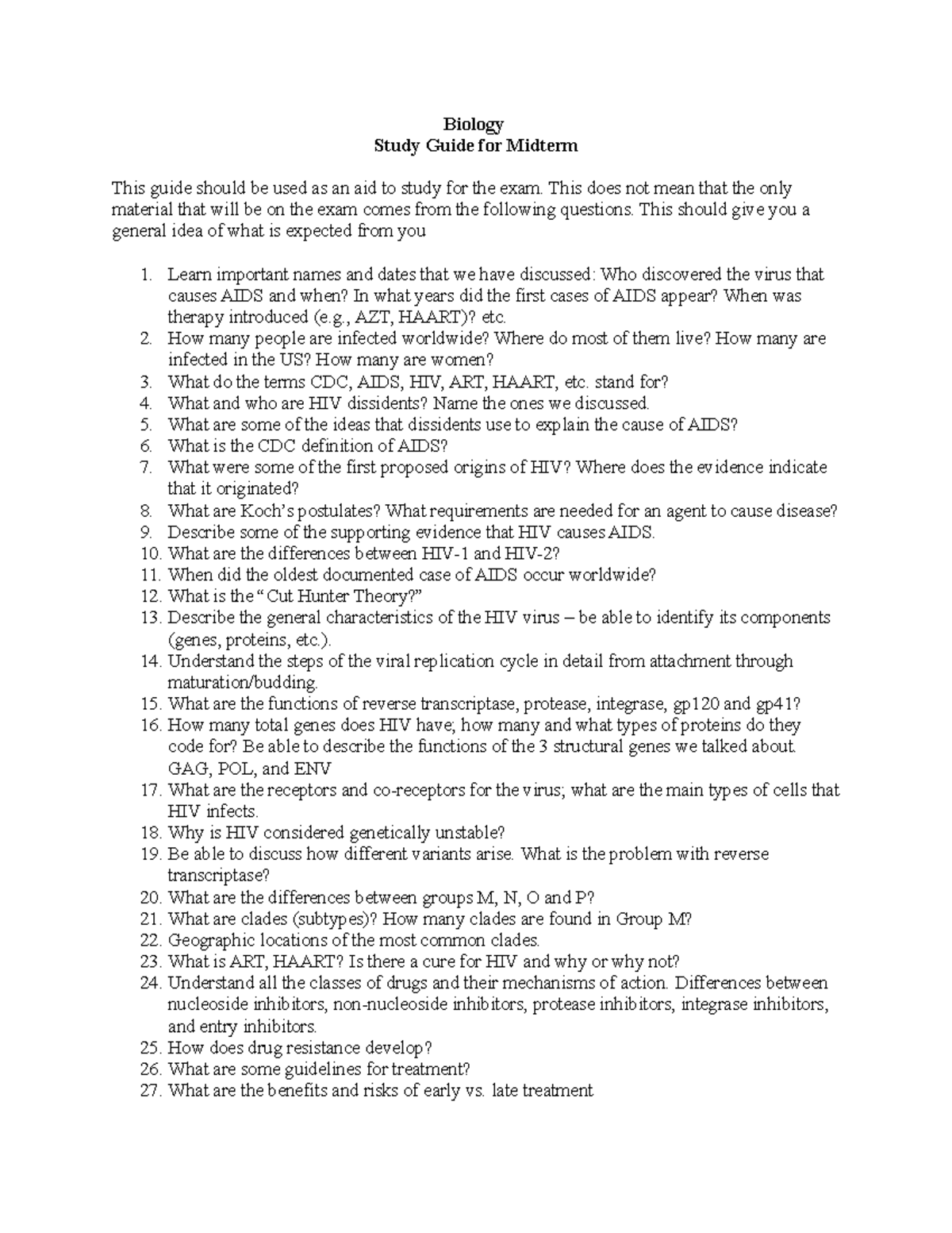 BIO midterm study guide - Biology Study Guide for Midterm This guide ...
