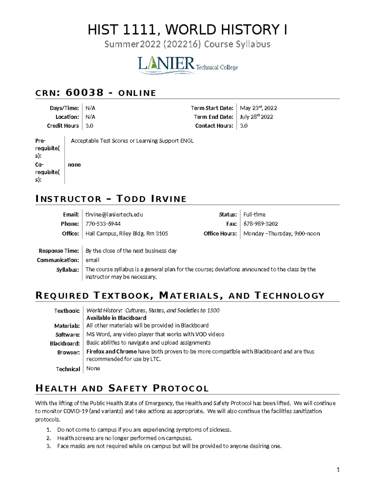 Syllabus HIST 1111 60038 - HIST 1111, WORLD HISTORY I Summer2022 ...