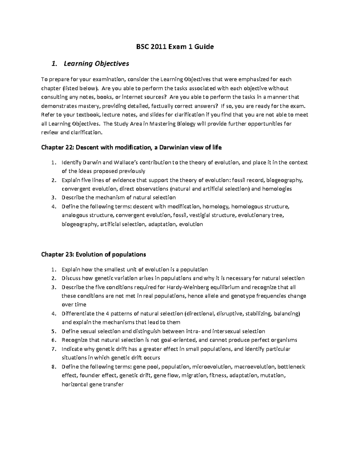 Guide to Exam 1 2023 - BSC 2011 Exam 1 Guide 1. Learning Objectives To ...