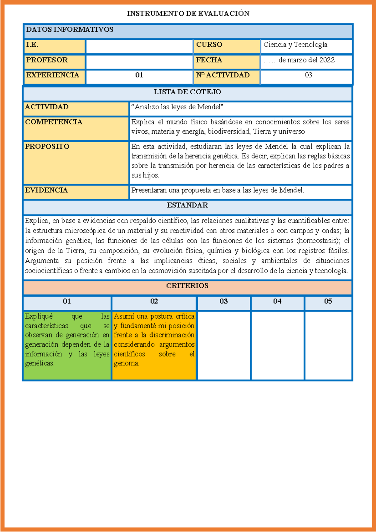 (3Y4) 1 Instrumento DE EVAL. DE Cy T - INSTRUMENTO DE EVALUACIÓN DATOS INFORMATIVOS I. CURSO ...