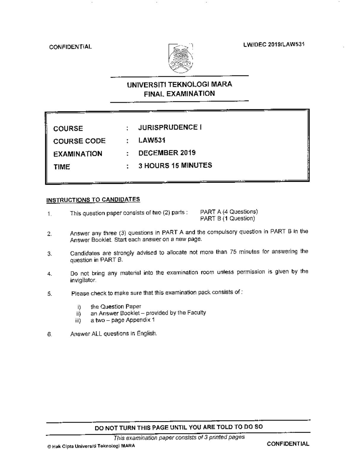 Past Semester Paper Year December 2019 - CONFIDENTIAL LW/DEC2019/LAW ...