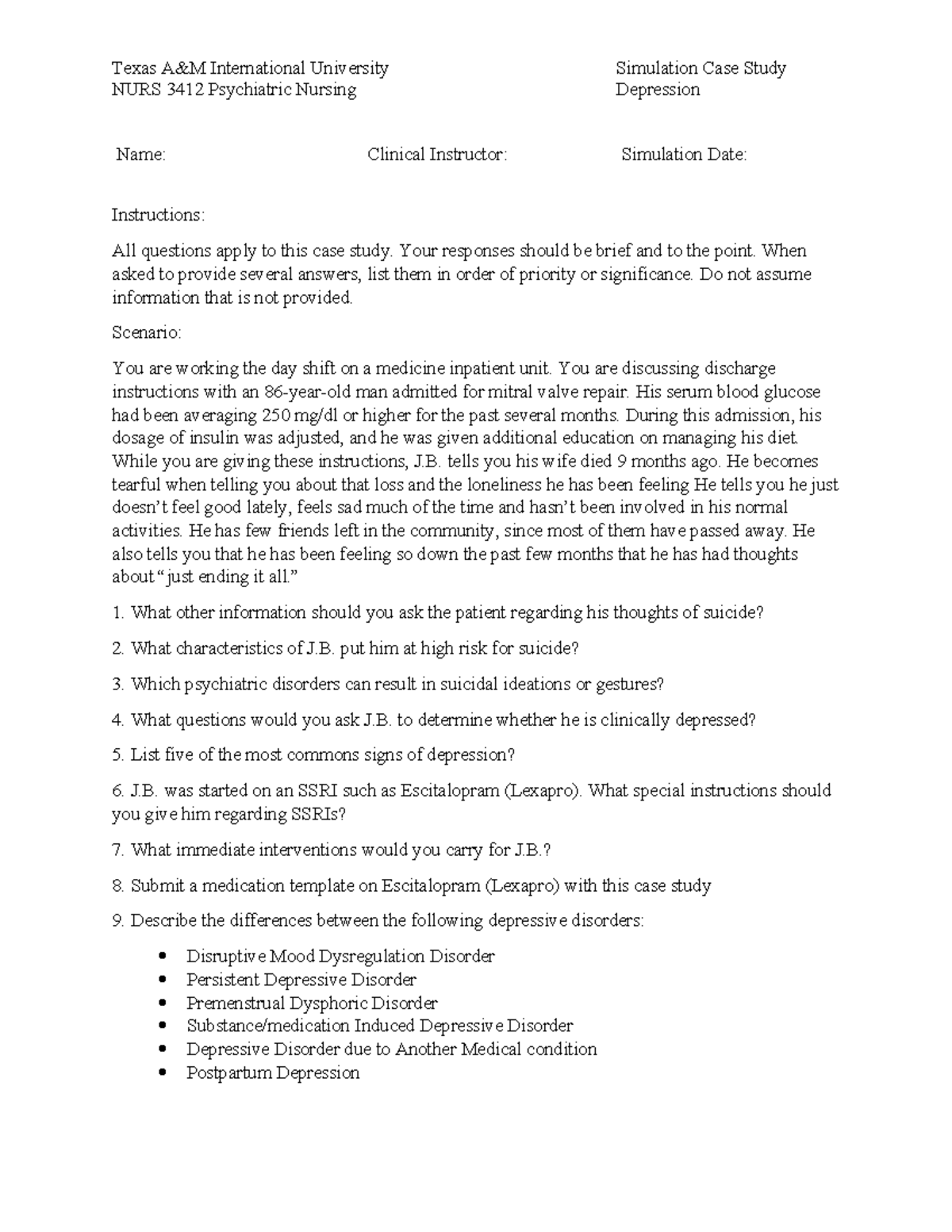 Case Study #5 Depression Case study - Texas A&M International University Simulation Case Study ...