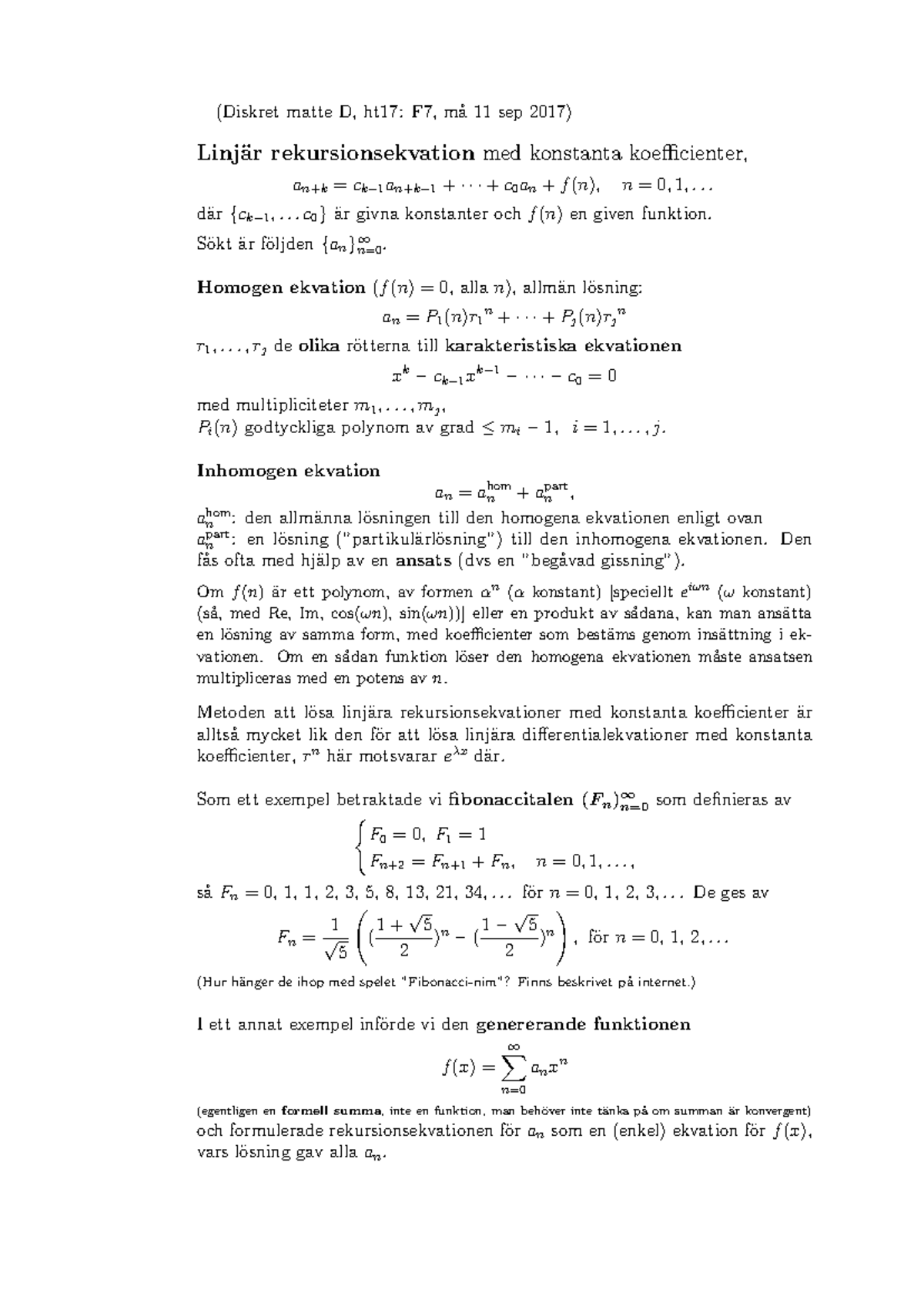 07 Rekursionsekvationer, mästarsatsen - (Diskret matte D, ht17: F7, m ...