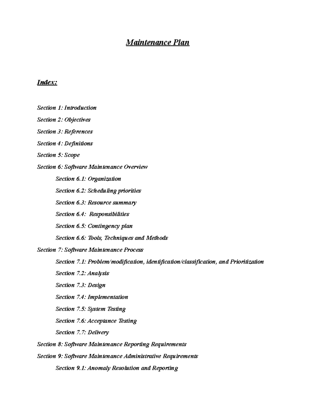 Software maintenance plan homework Chinmay - Maintenance Plan Index ...