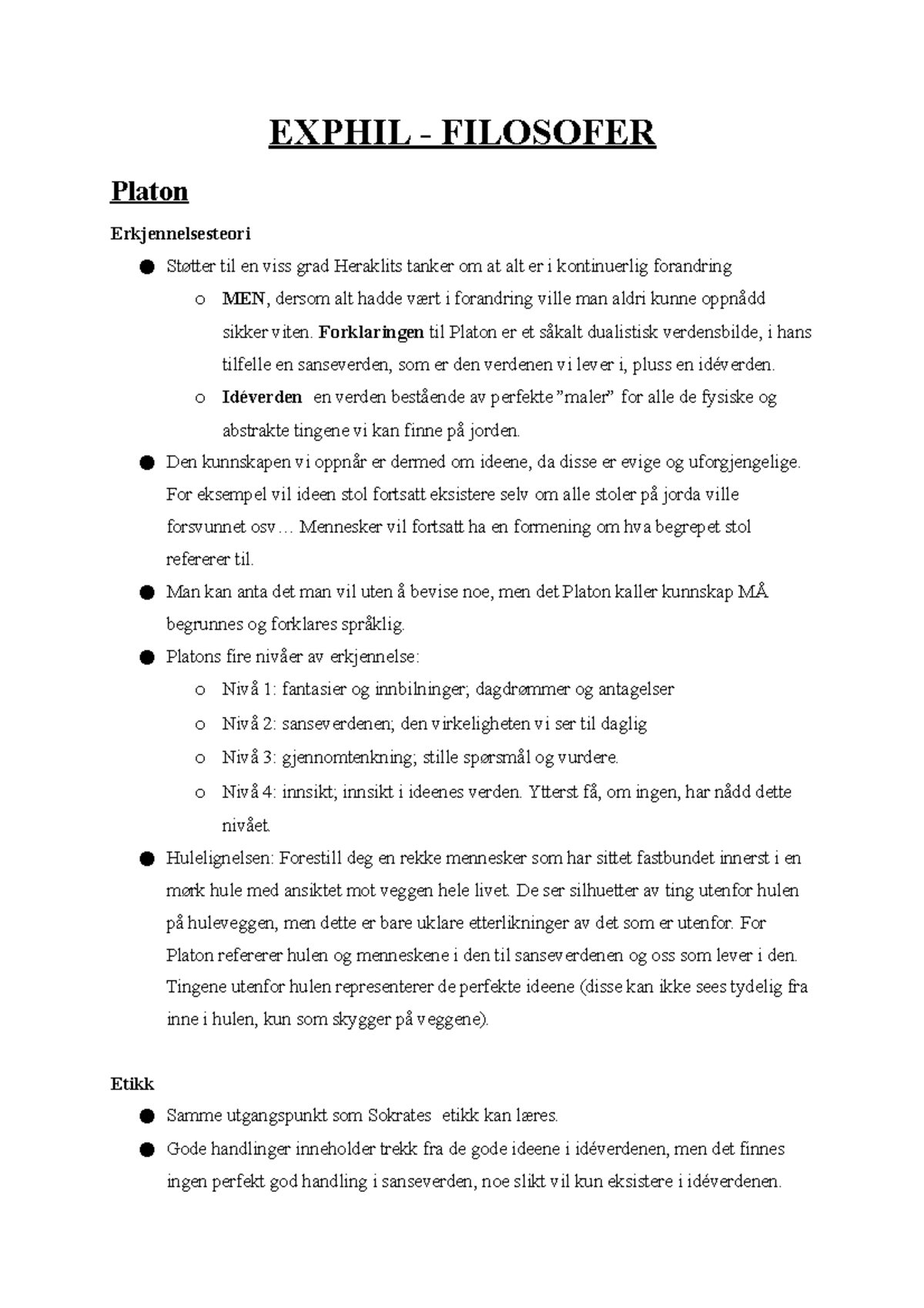 Exphil filosofer - Oversikt over de viktigste filosofene - EXPHIL - FILOSOFER Platon - Studocu
