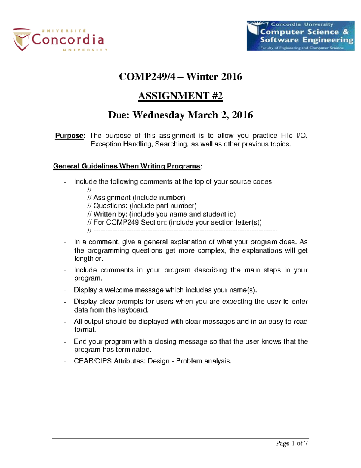2016 Winter A2 - Exam - COMP249/4 – Winter 2016 ASSIGNMENT Due ...