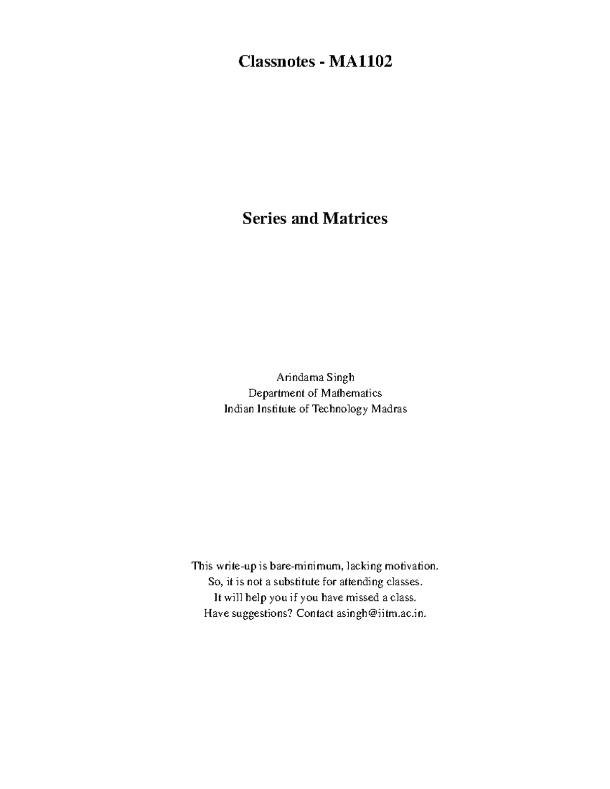 Ma1102 class notes for engineering students - Classnotes - MA Series ...