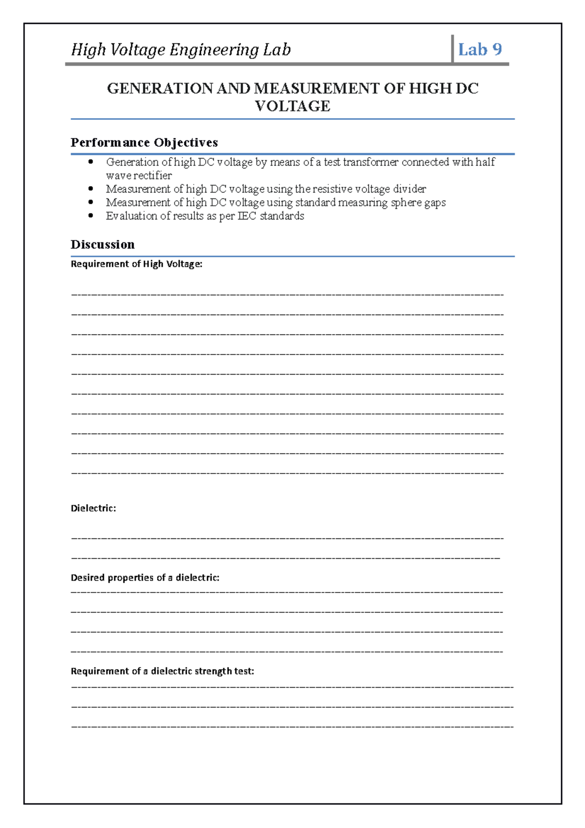 My LAB 9 - The Given document is the high voltage lab manual performed at the high voltage - StuDocu