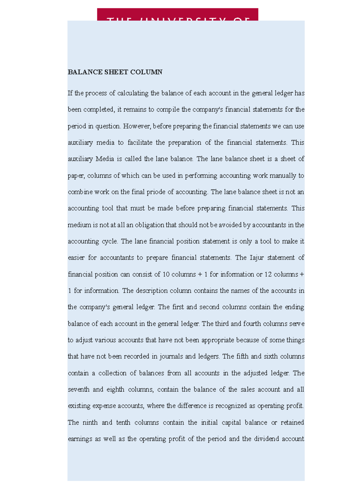 Notes Accounting - Balance Sheet Column - BALANCE SHEET COLUMN If the ...