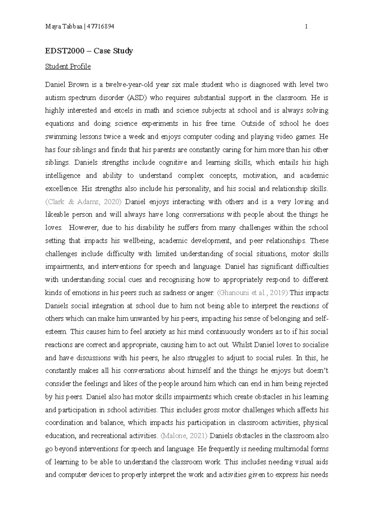 EDST2000 Case Study - EDST2000 – Case Study Student Profile Daniel ...