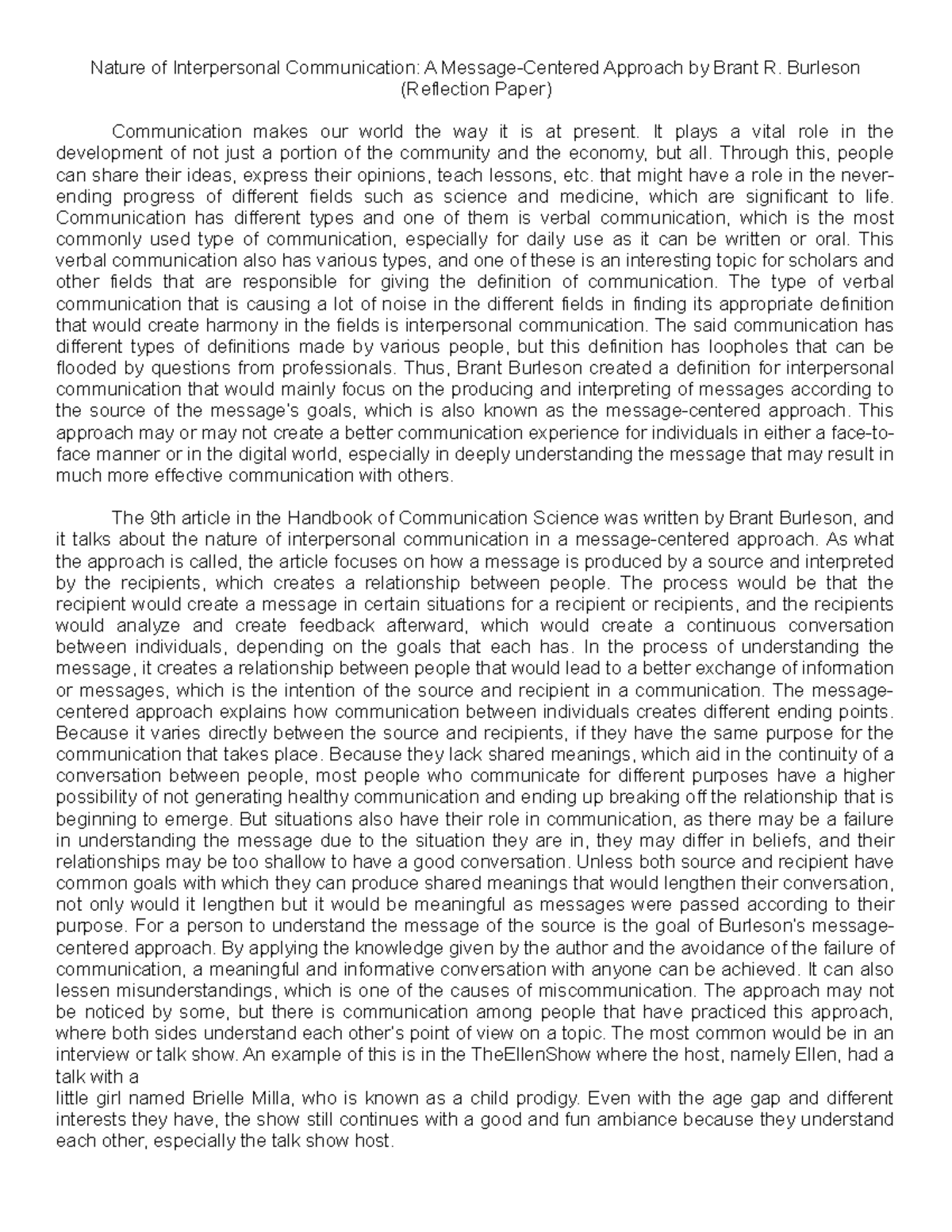 Message- Centered Approach - Burleson (Reflection Paper) Communication ...