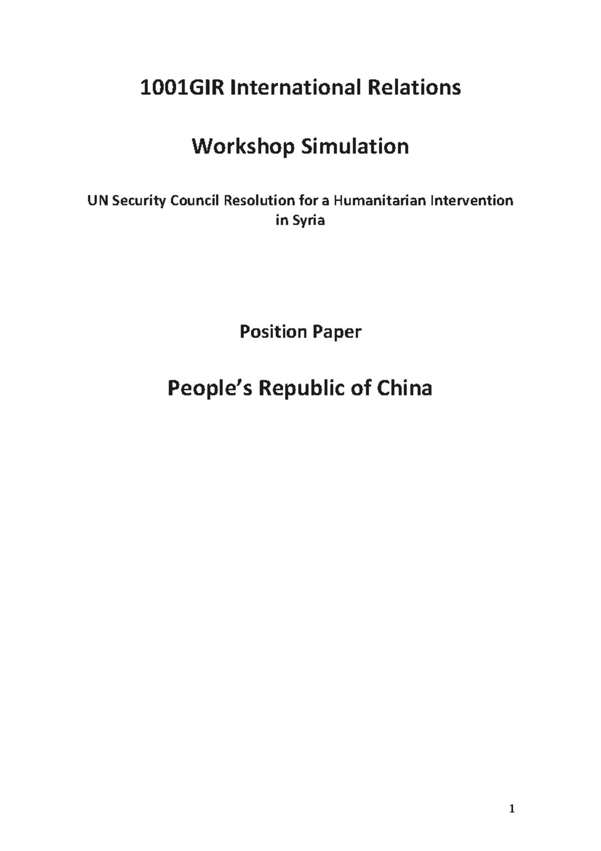 China - Postion Paper - Lecture notes qwewqewqe - 1001GIR International ...
