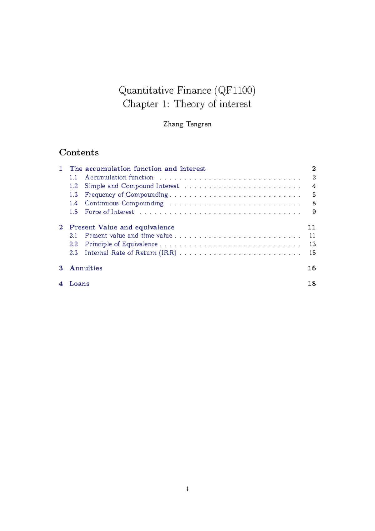 Ch1 annotated - chapter1 - Quantitative Finance (QF1100) Chapter 1: Theory of interest Zhang ...