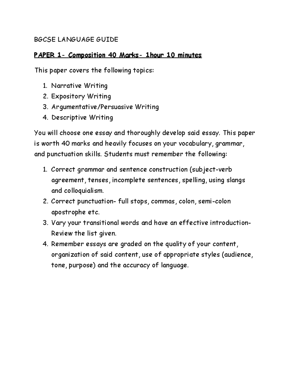 Guide - Ggg - BGCSE LANGUAGE GUIDE PAPER 1- Composition 40 Marks- 1hour ...
