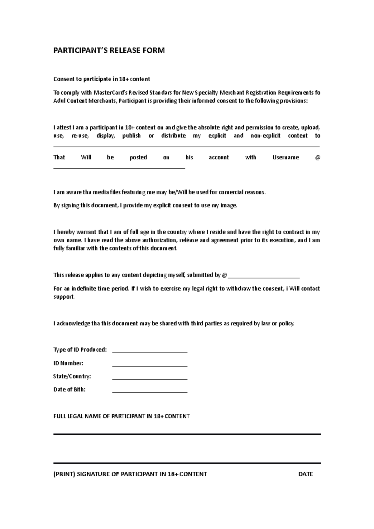 Release FORM - Formulario de Liberacion - PARTICIPANT’S RELEASE FORM ...