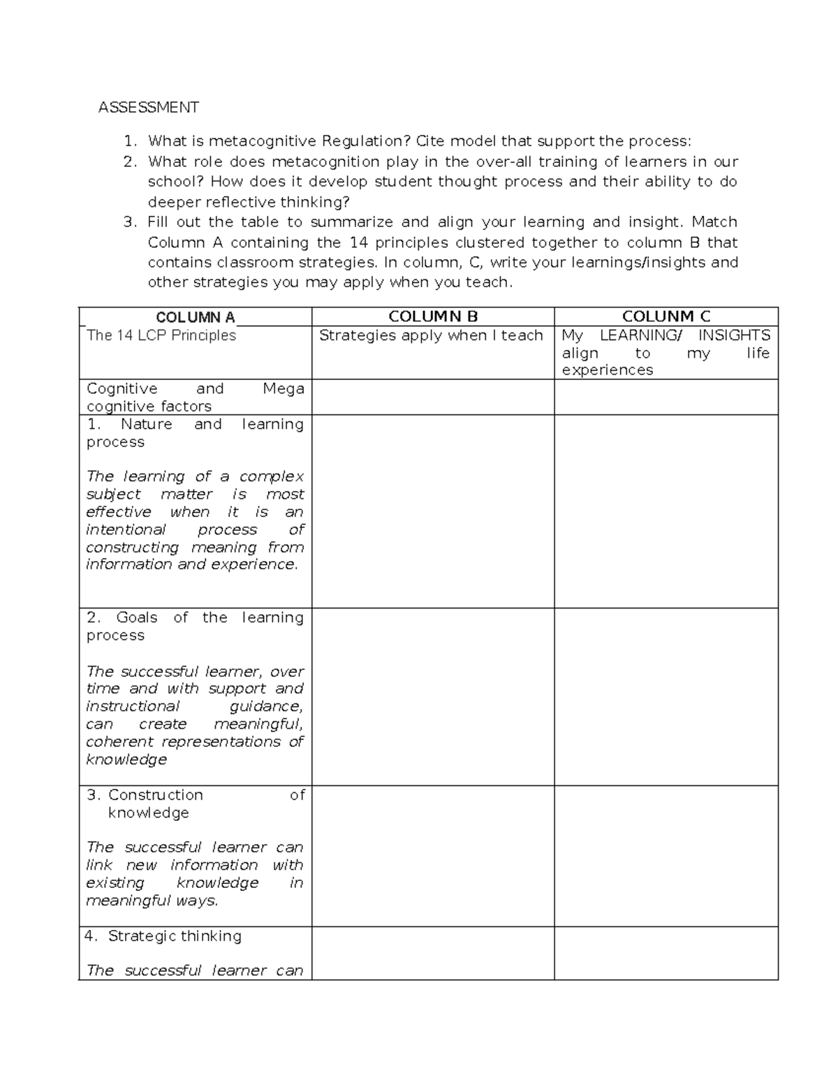 Activity Assessment - ASSESSMENT What is metacognitive Regulation? Cite ...