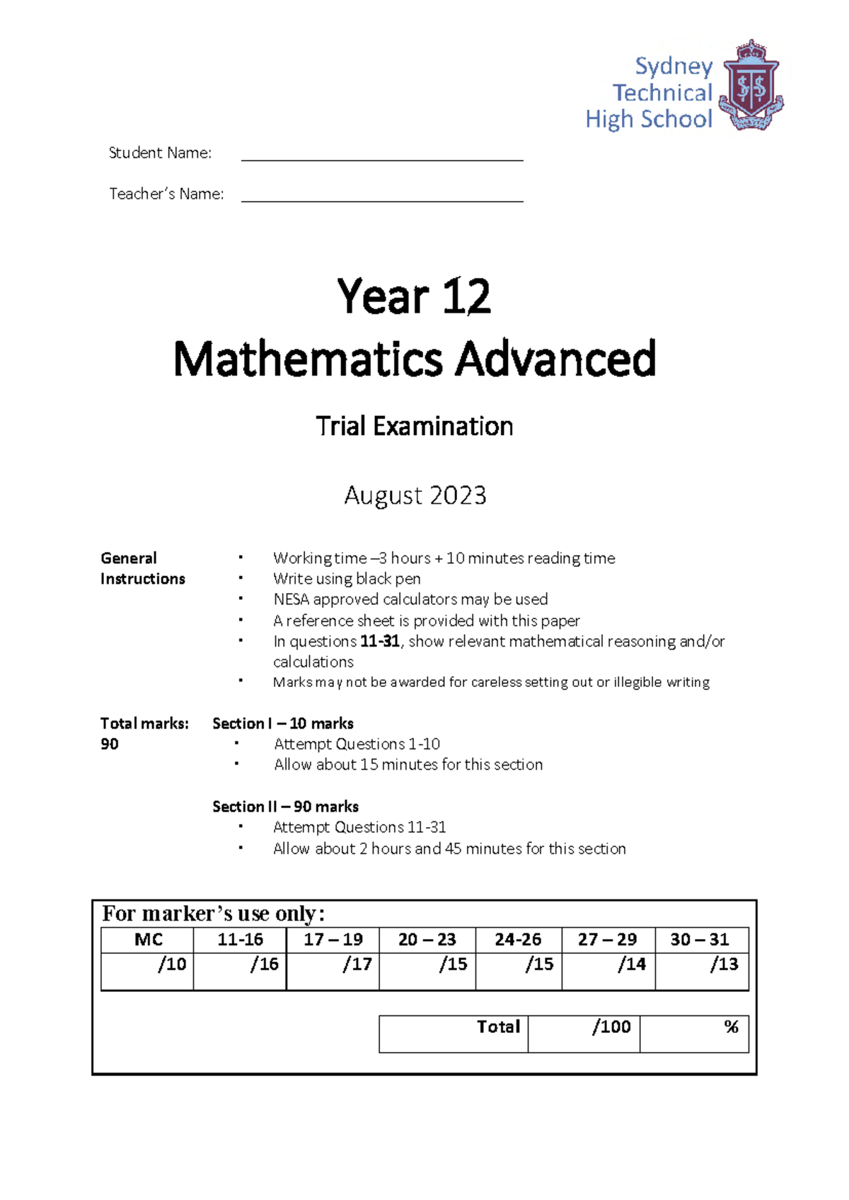 2023 Sydney Technical High School - Adv - Trial - Questions - Student ...