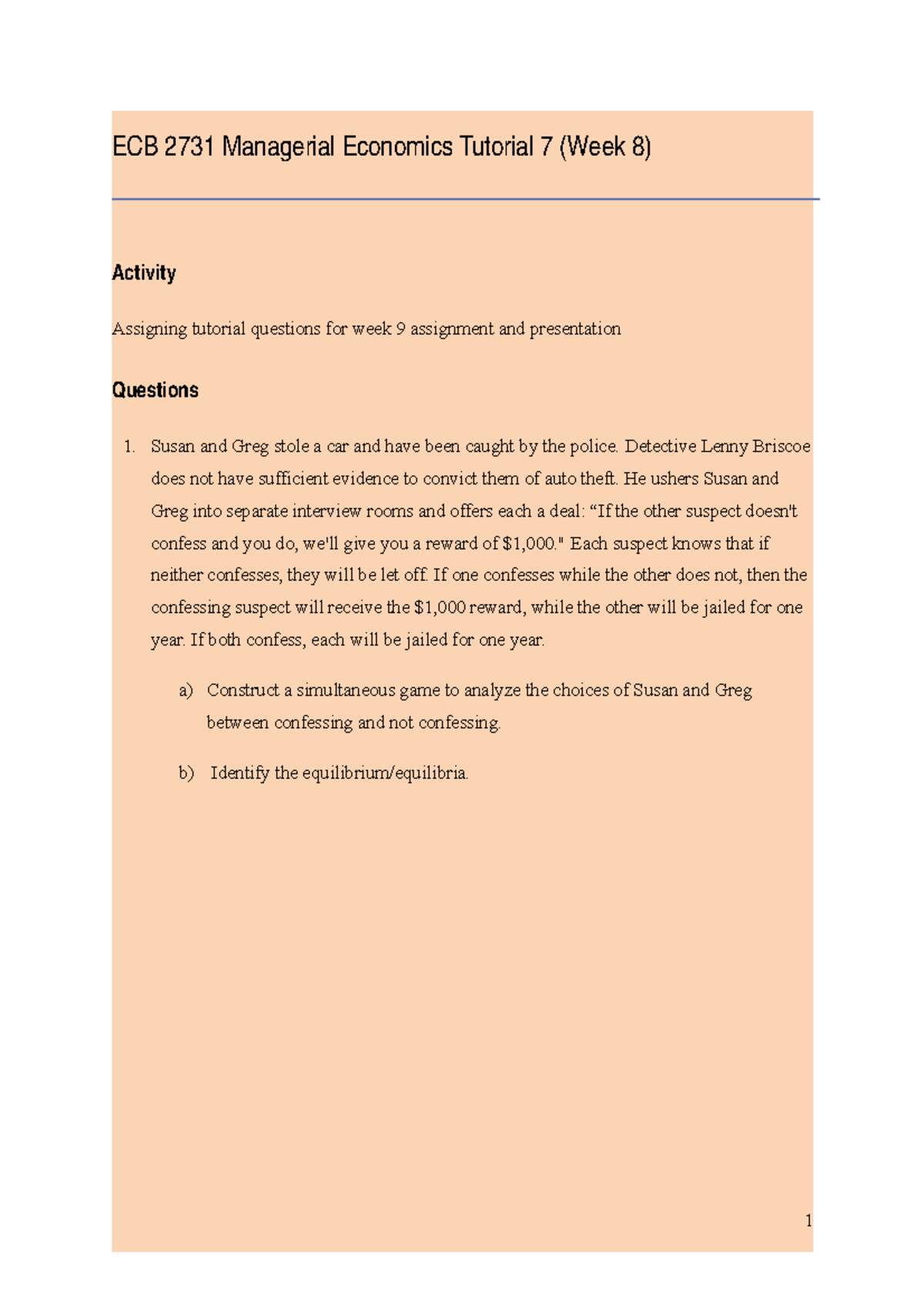 ECB2731 Tutorial 7 Week 8 - ECB 2731 Managerial Economics Tutorial 7 ...