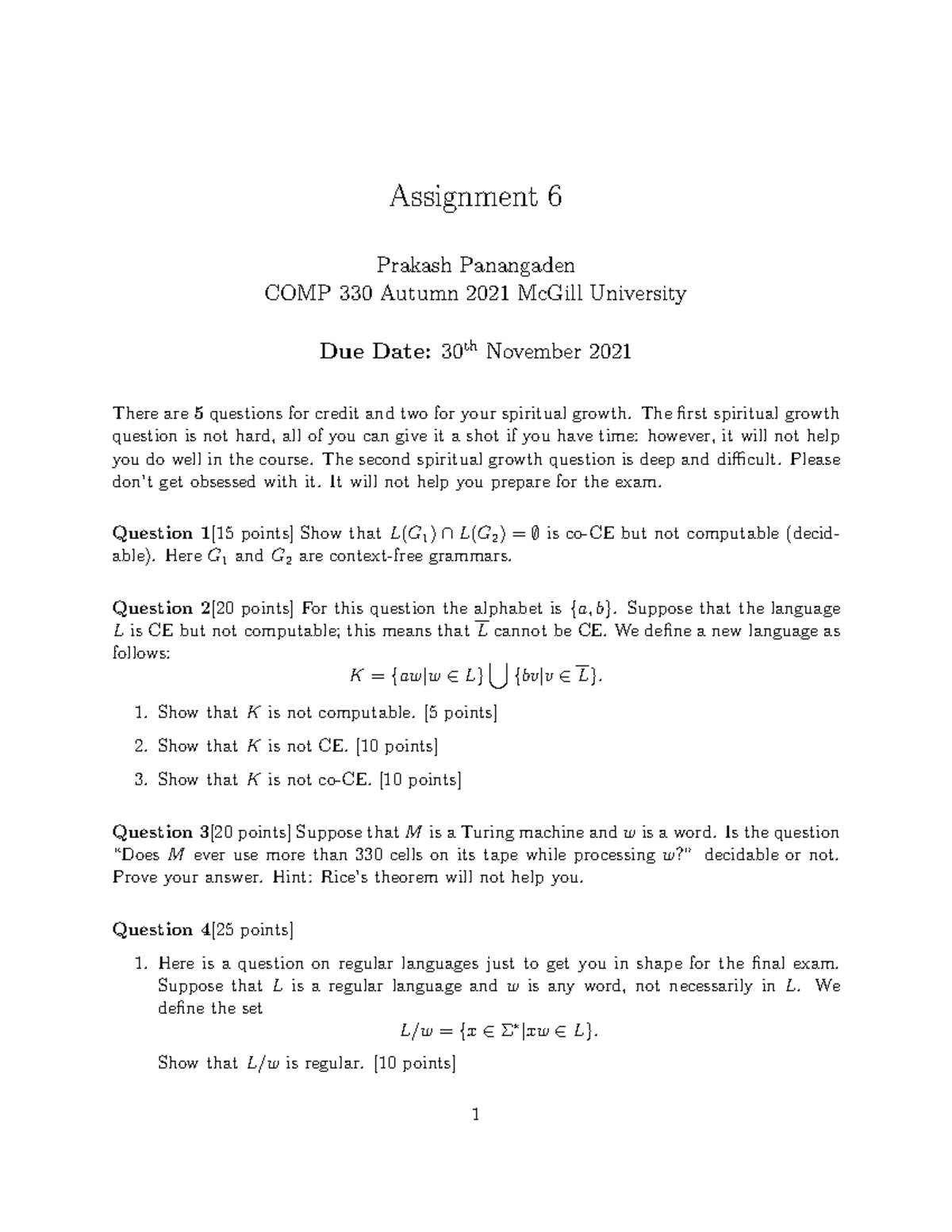 Assignment 1 Fall 2021 - Assignment 6 Prakash Panangaden COMP 330 ...
