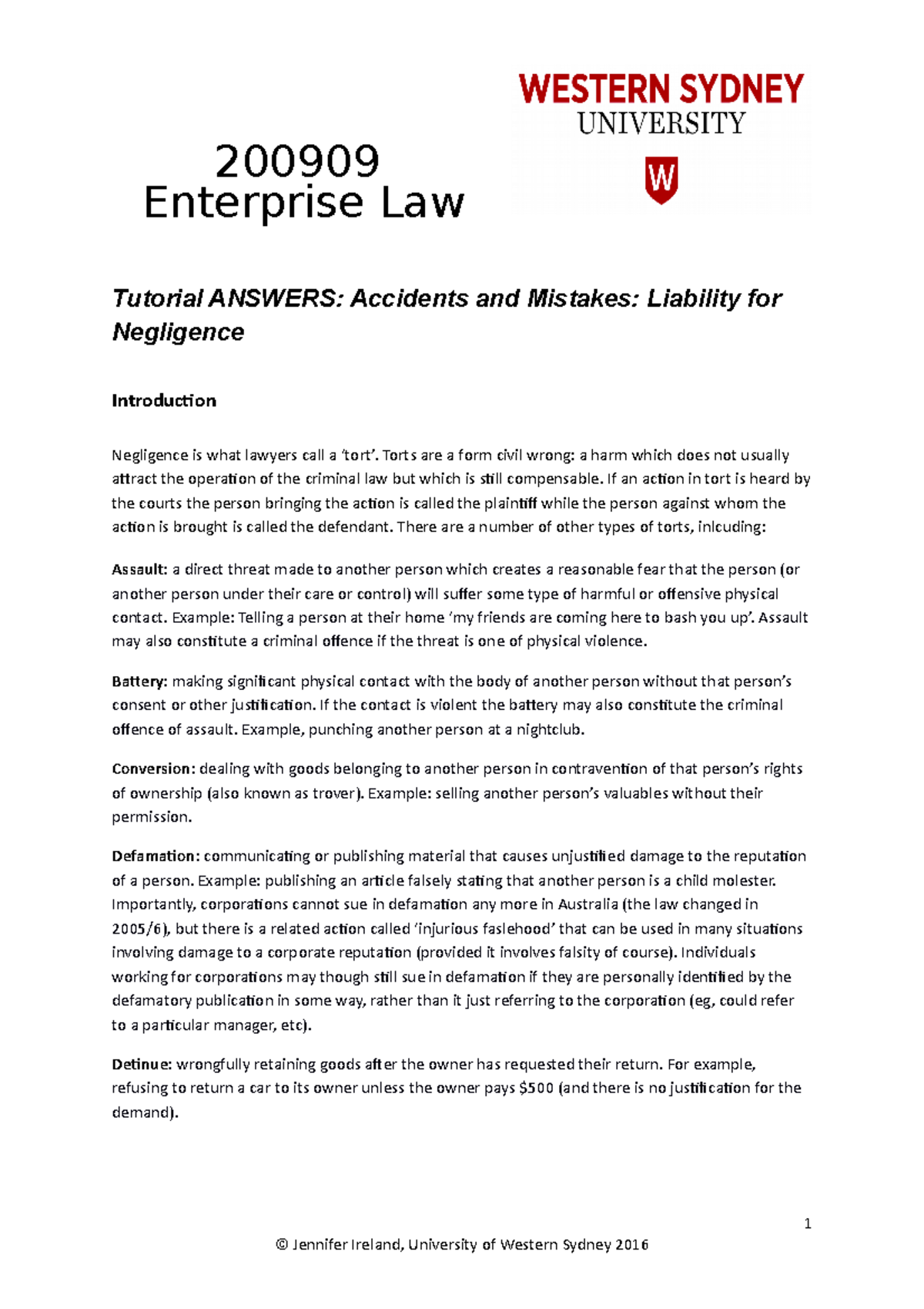 Tutorial Answers - Accidents and Mistakes - Liability for Negligence ...