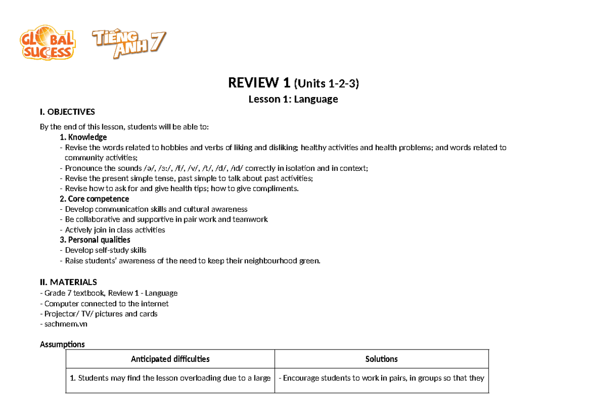 TA7-Review 1 - REVIEW 1 (Units 1-2-3) Lesson 1: Language I. OBJECTIVES ...