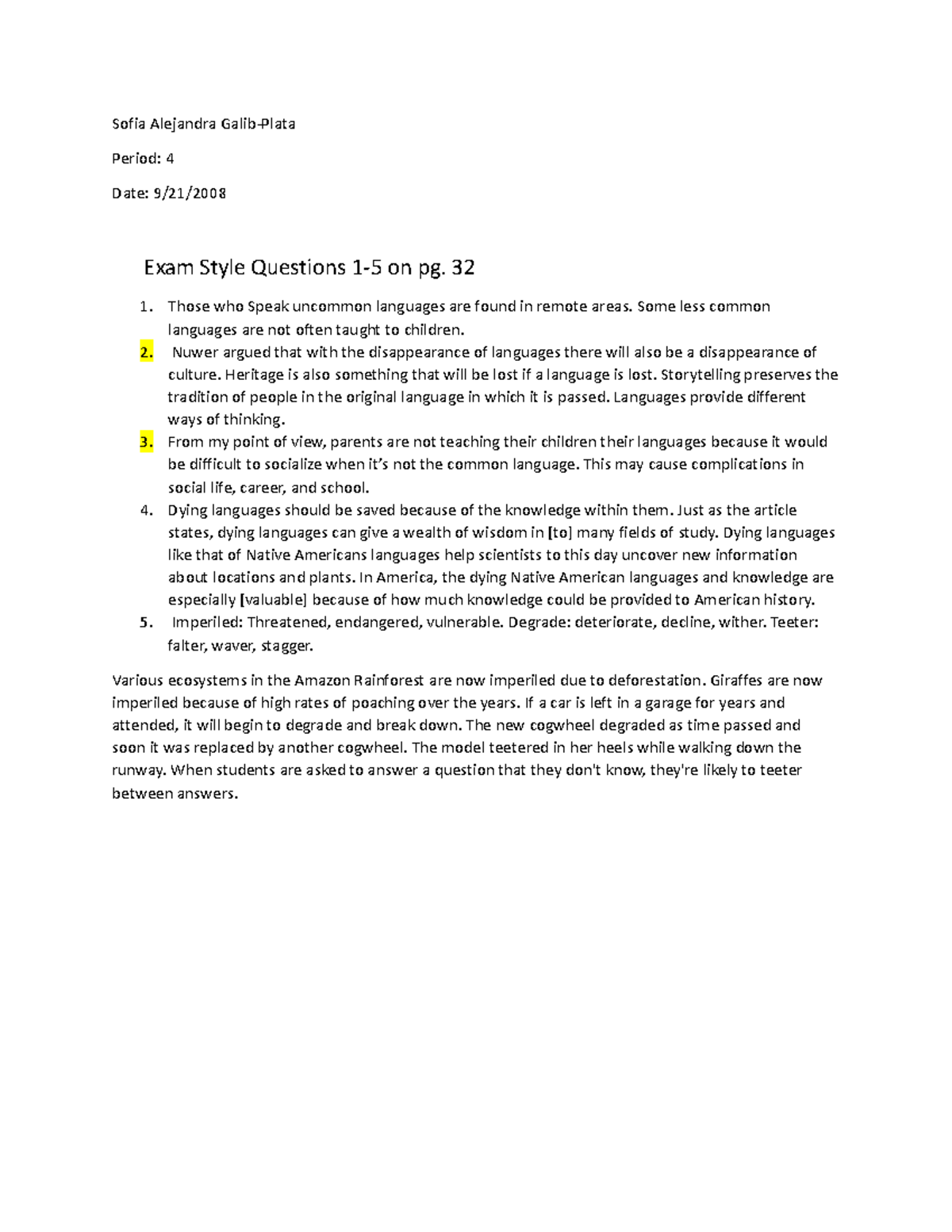 Exam Style Questions 1-5 on pg. 32 - Sofia Alejandra Galib-Plata Period ...