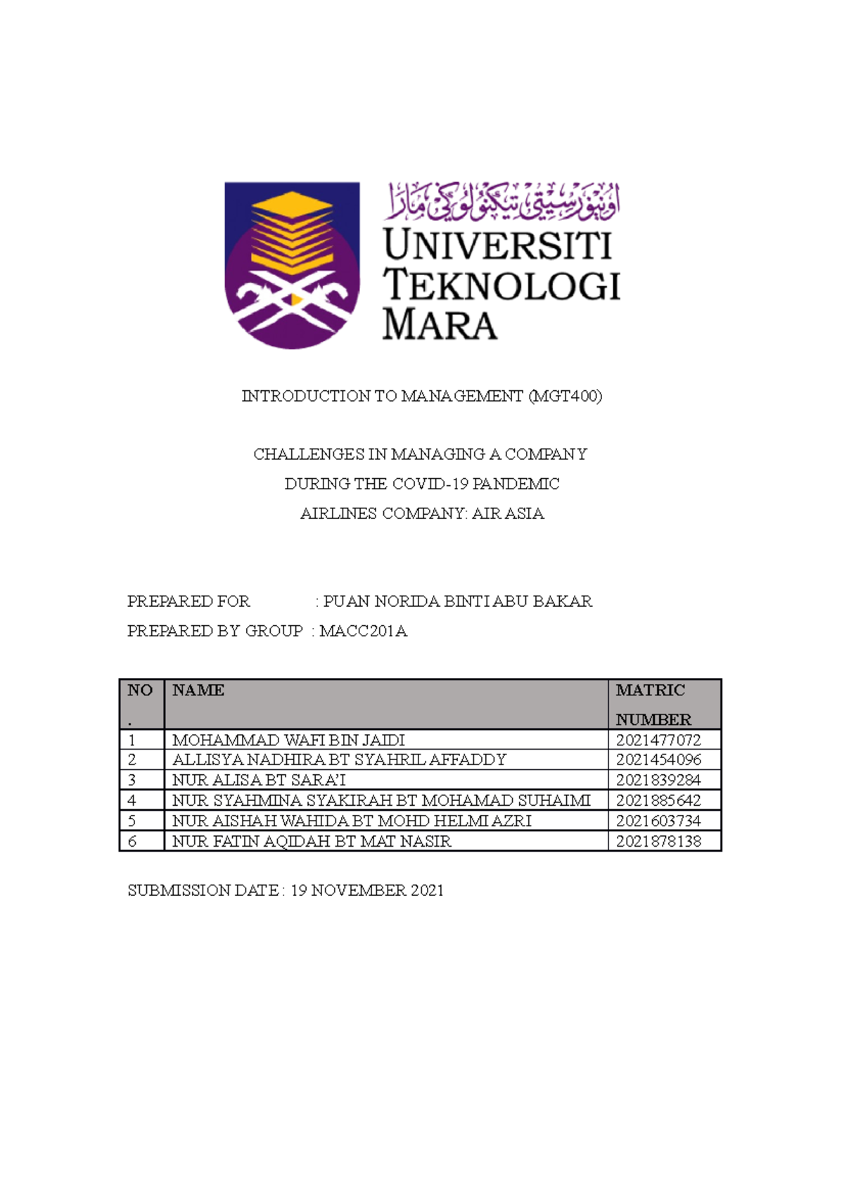 MGT400 FULL Assignment - company Airasia - INTRODUCTION TO MANAGEMENT ...