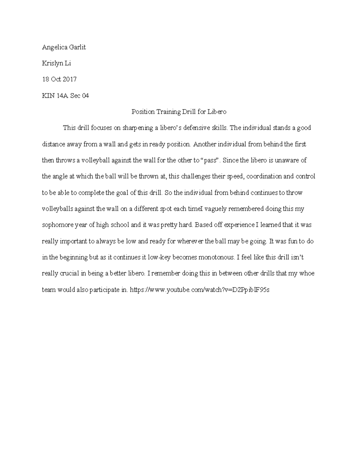 Volleyball Drill Paragraph - Angelica Garlit Krislyn Li 18 Oct 2017 KIN ...