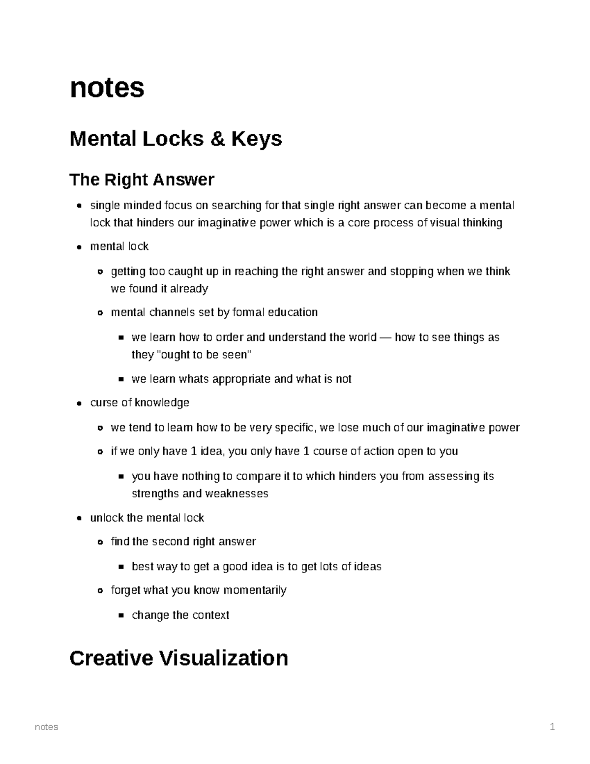 Visual Thinking - Module 1 Notes - notes Mental Locks & Keys The Right ...