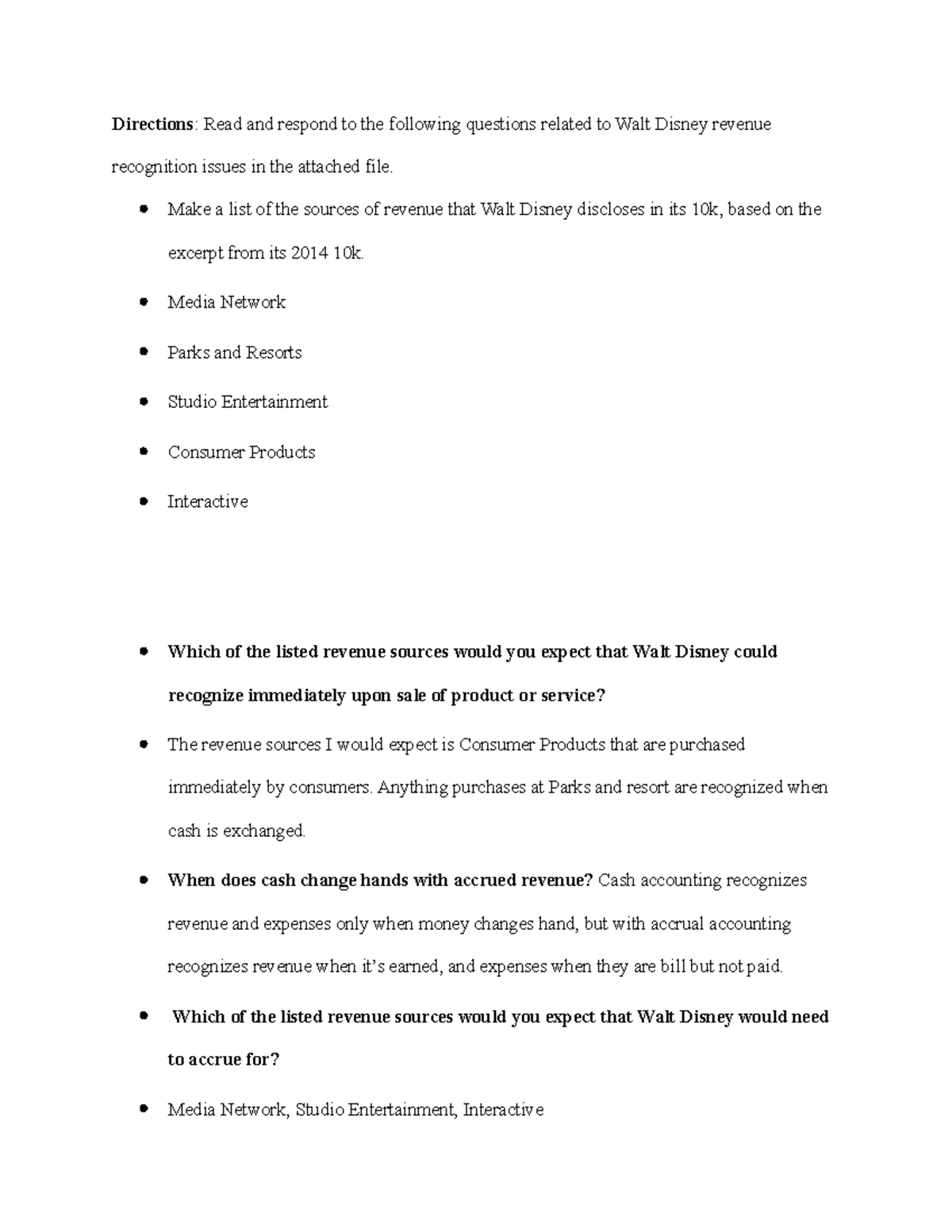 Walt Disney Assignment - Directions: Read and respond to the following ...