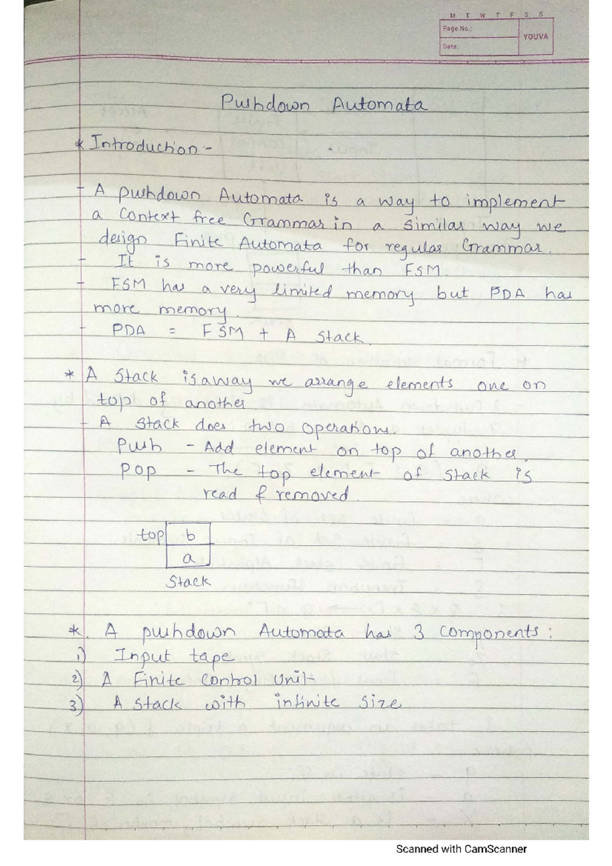 TOC handwritten Unit-4 - M W T F Page No.: YOUVA Date: Pushdown Automata Introduction A pushdown ...