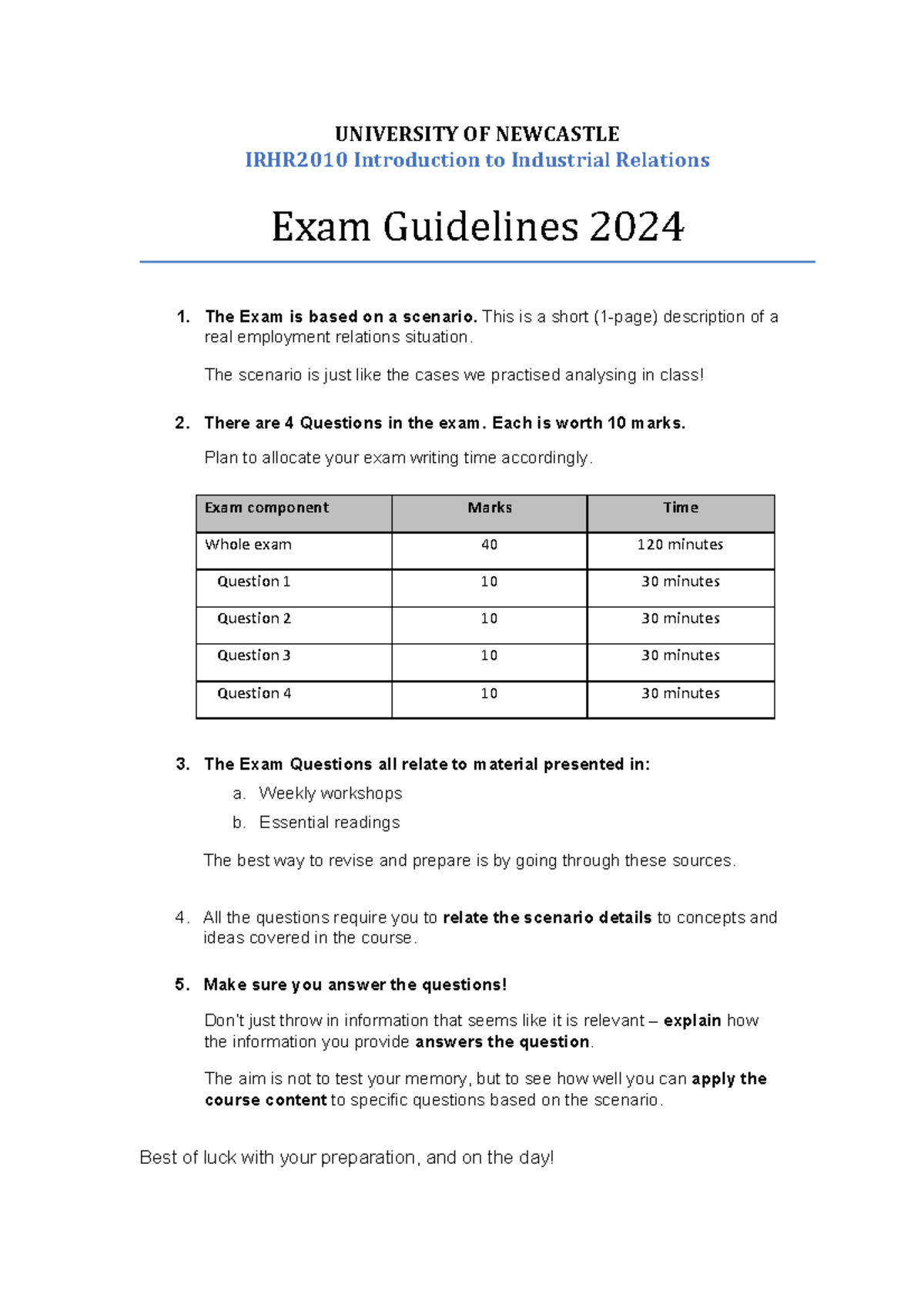 Exam guidelines 2024 - UNIVERSITY OF NEWCASTLE IRHR2010 Introduction to ...