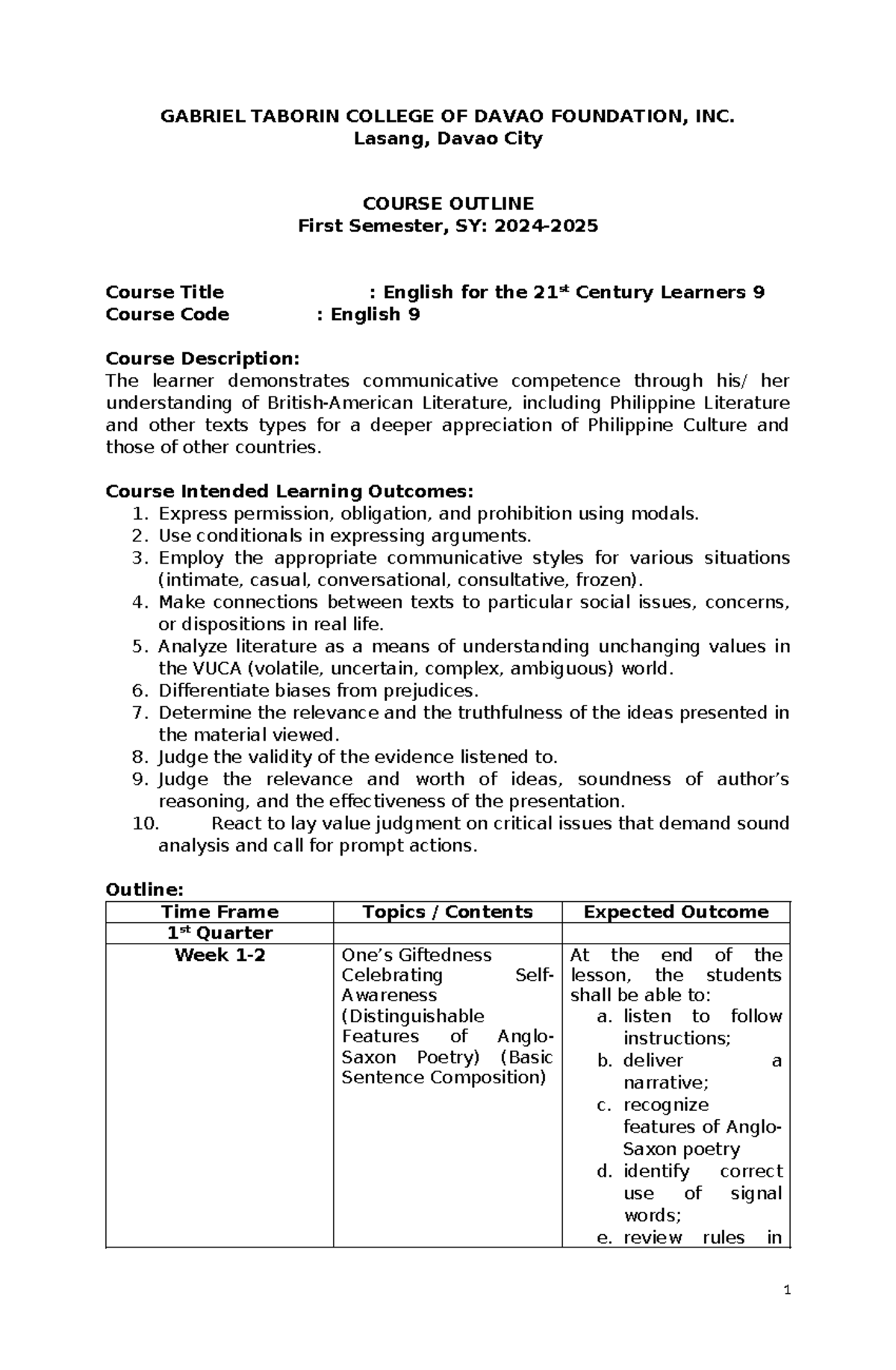 Course-Outline Grade 9 - GABRIEL TABORIN COLLEGE OF DAVAO FOUNDATION ...
