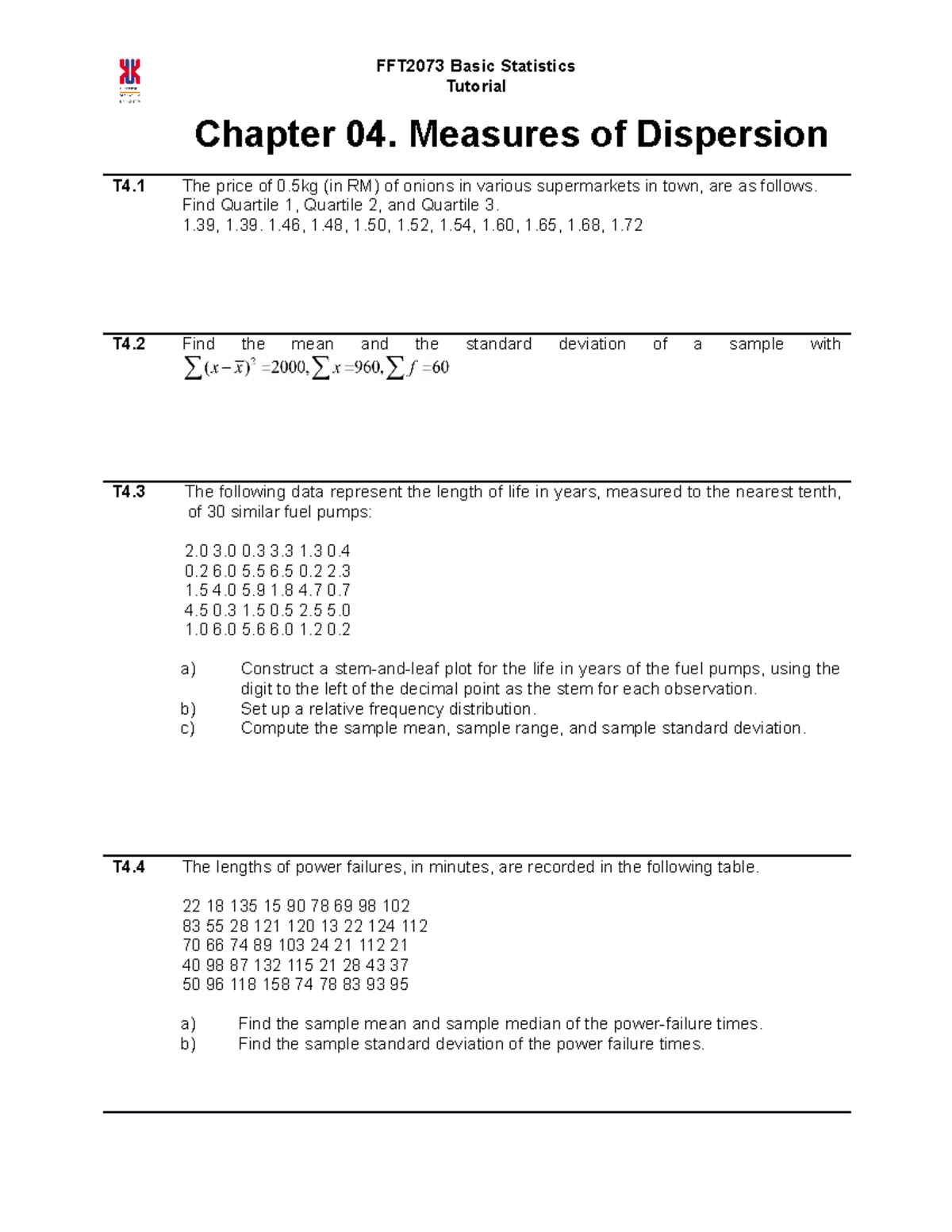 Tutorial - Chapter 04. Measures of Dispersion - Tutorial Chapter 04 ...