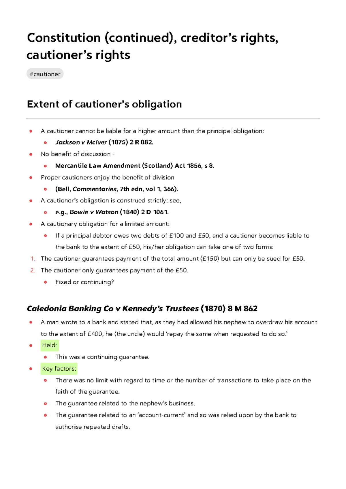 Constitution (continued), creditor’s rights, cautioner’s rights ...